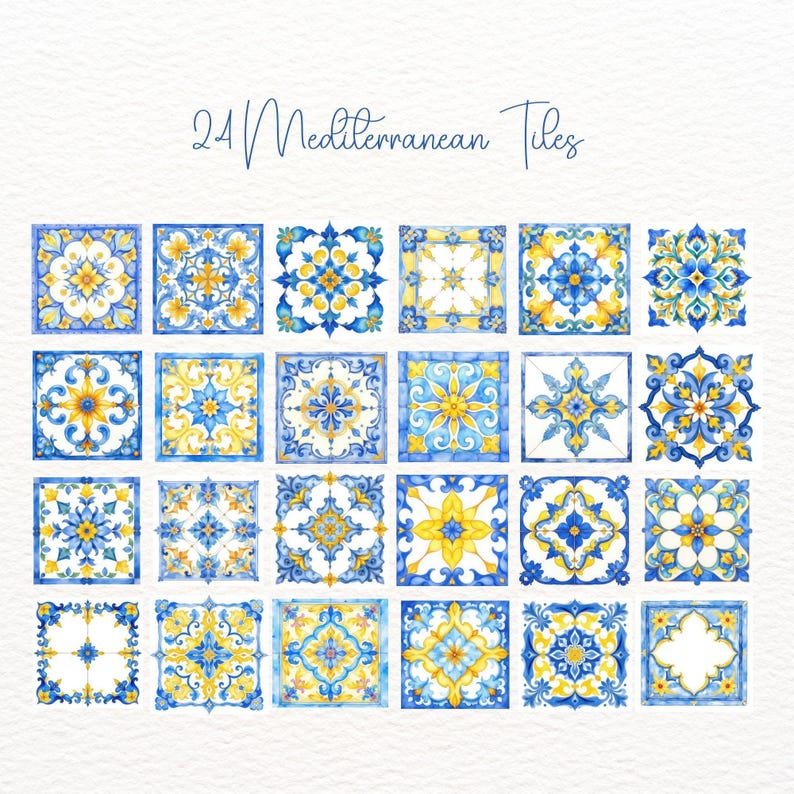Mediterranean Tiles Clipart, Watercolor Tiles Clip Art, Portuguese ...