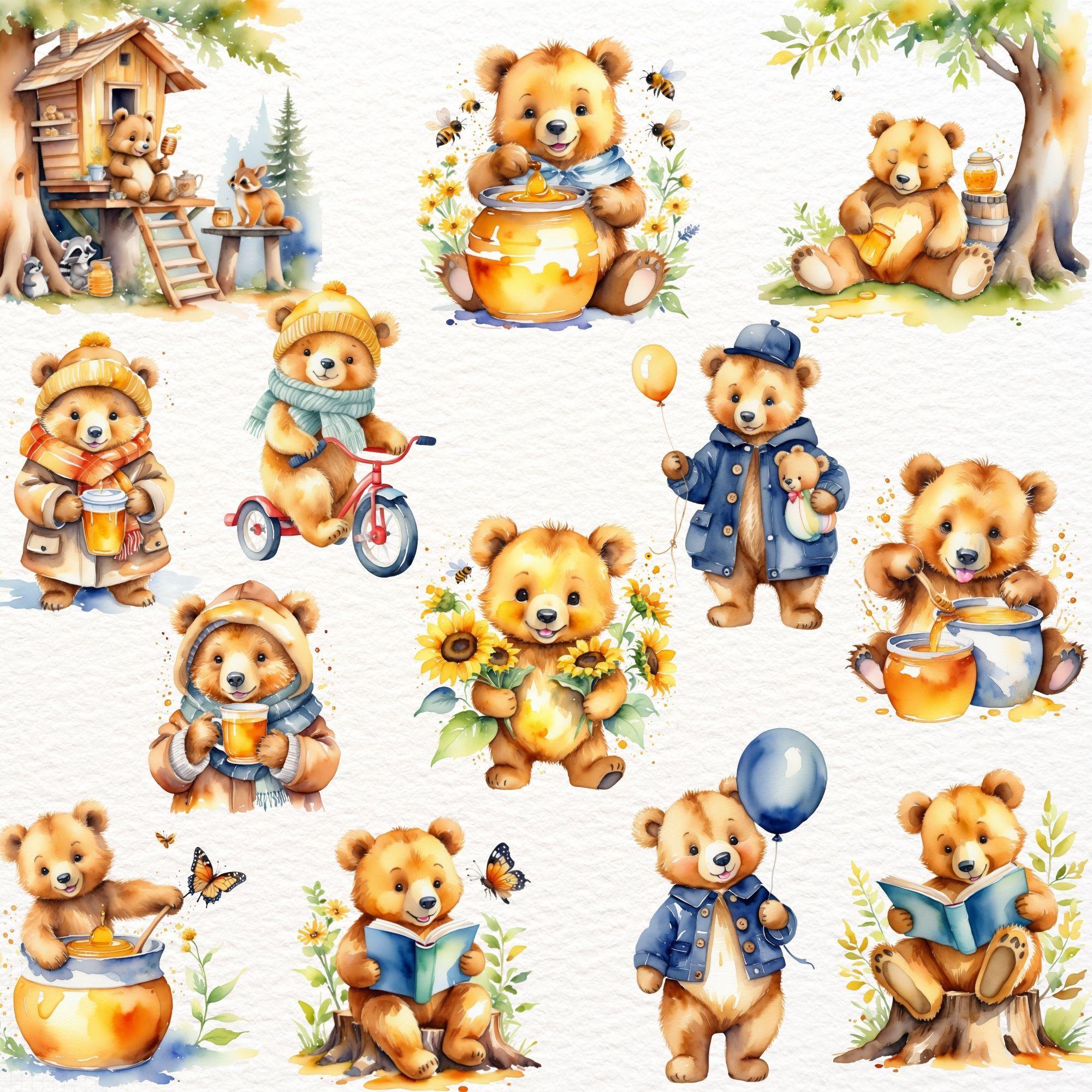 Cute Watercolor Honey Bears Clipart, Nursery Decor, Kids Birthday, Baby ...