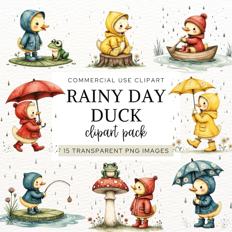 Rainy Day Duck Clipart Pack, Cute Ducklings With Umbrellas PNG, Ducks ...