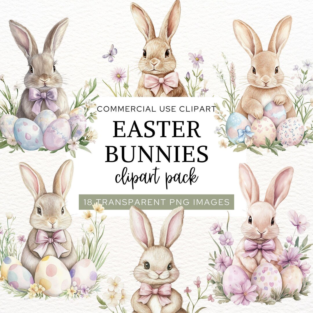 Watercolor Easter Bunny Clipart, Cute Bunnies Eggs & Spring Flowers ...