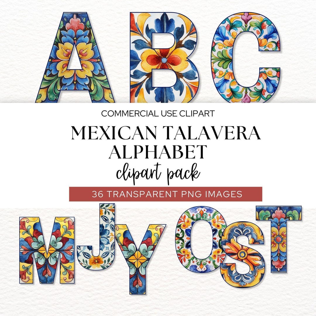Mexican Talavera Alphabet Clipart, Fiesta Doodle Alphabet, Mexican Font ...
