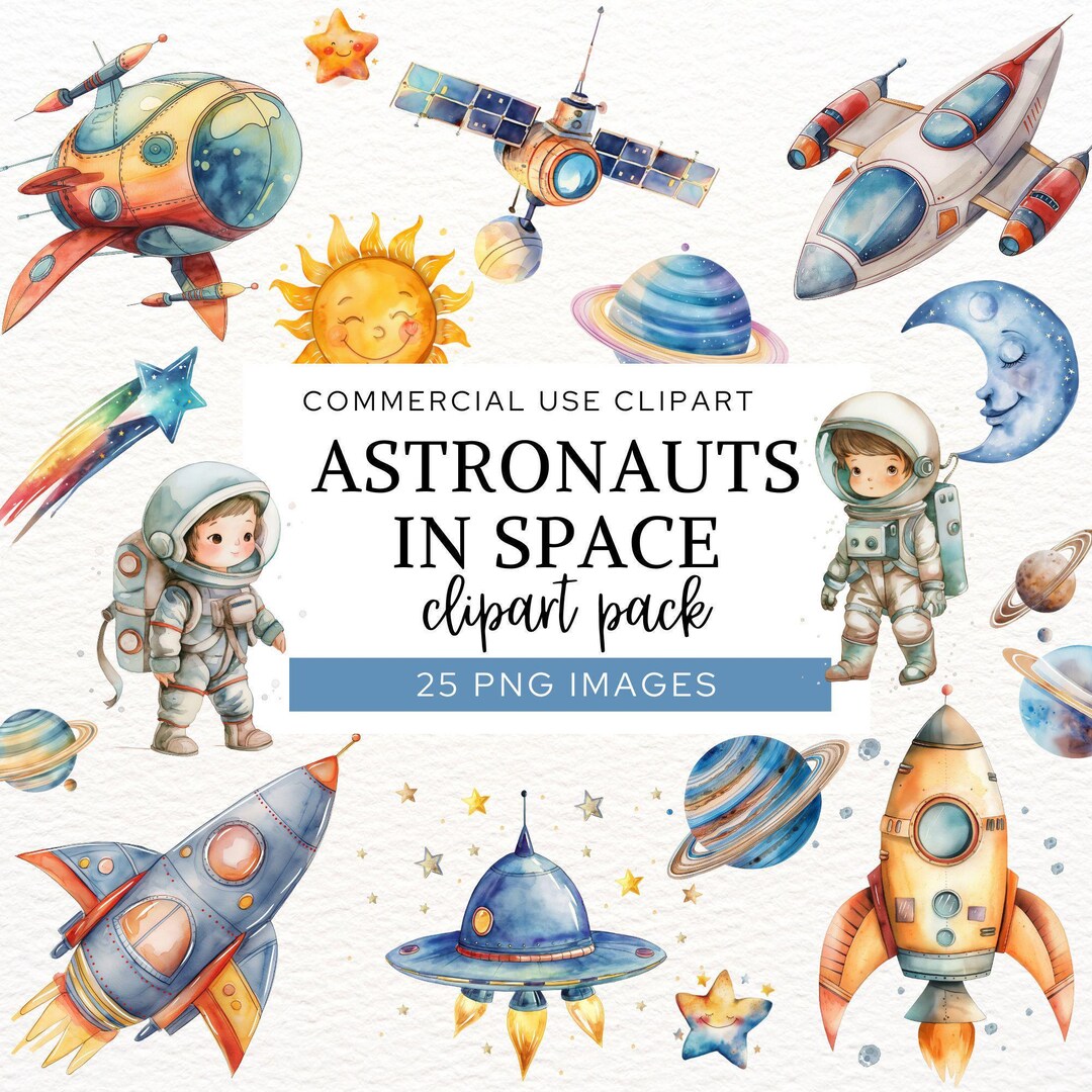 Watercolor Space Clipart Bundle, Cute Astronaut Clipart, Outer Space ...