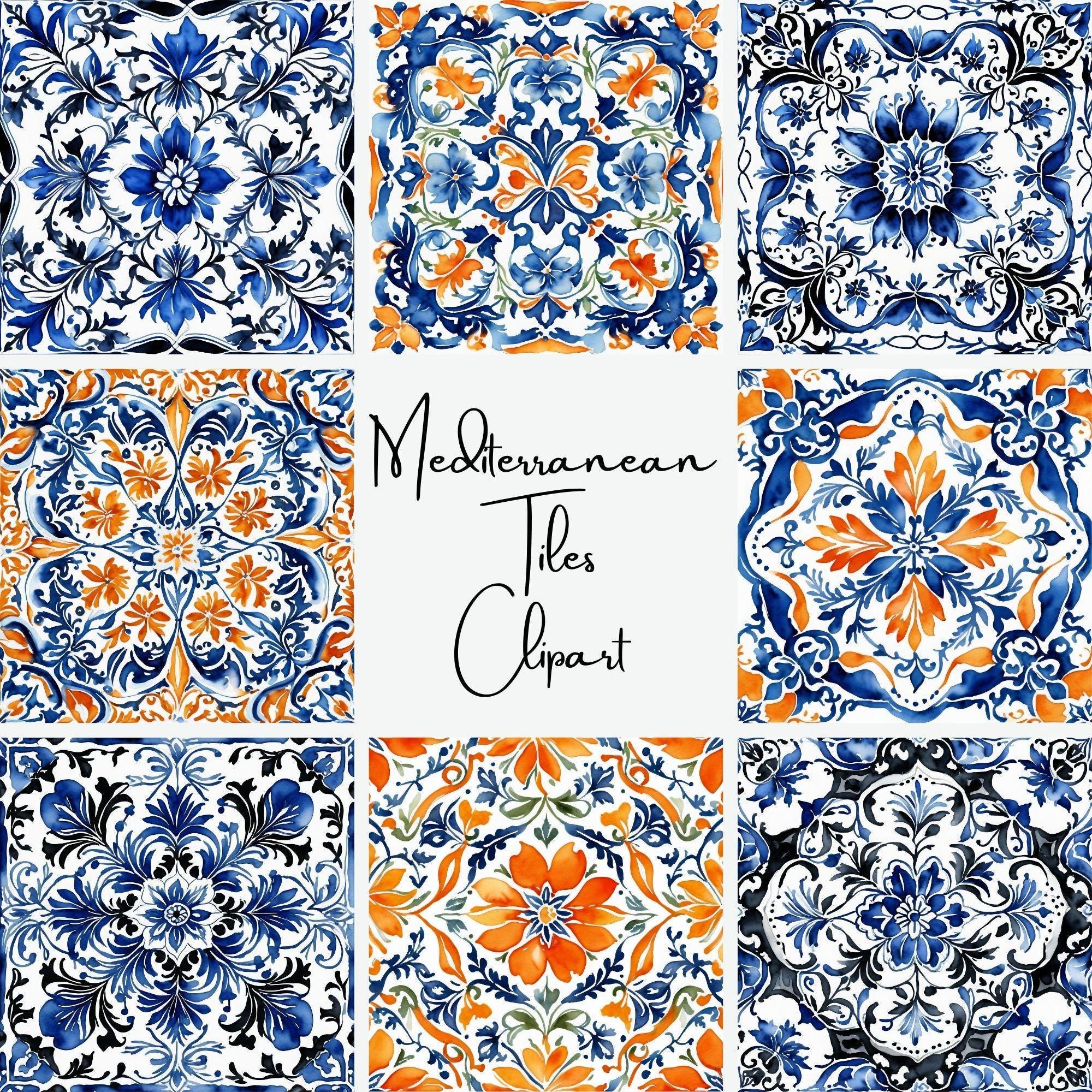 Mediterranean Tiles Clipart, Watercolor Moroccan Blue & Orange ...