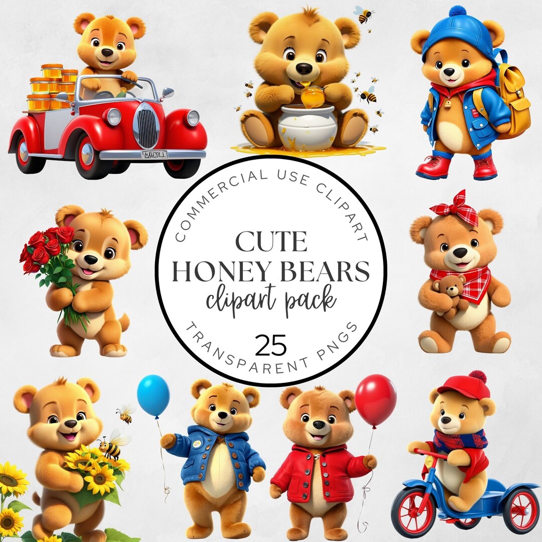 Cute Colorful 2D Honey Bears Clipart, Nursery Decor, Kids Birthday ...