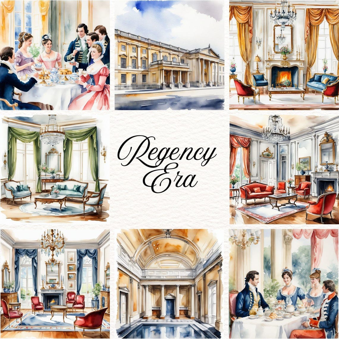 Regency Era Clipart, Watercolor Victorian Scenes, Vintage Romance ...