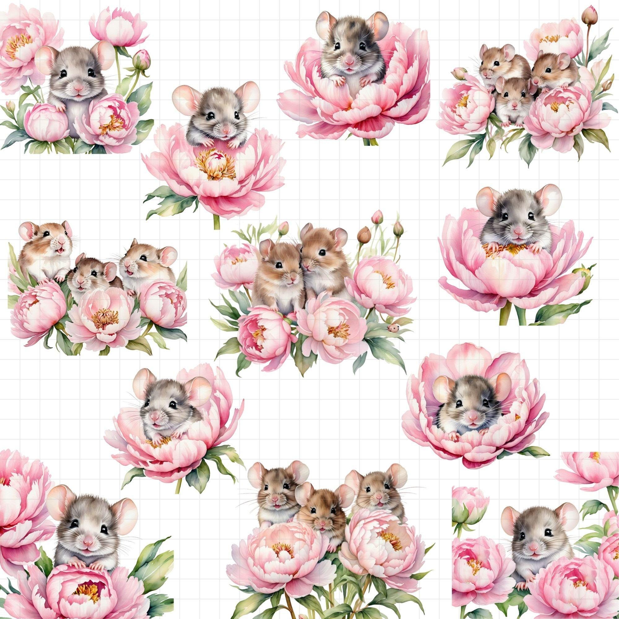 Watercolor Peony Mouse Clipart, Nursery Decor, Cute Mouse, Kids Room ...