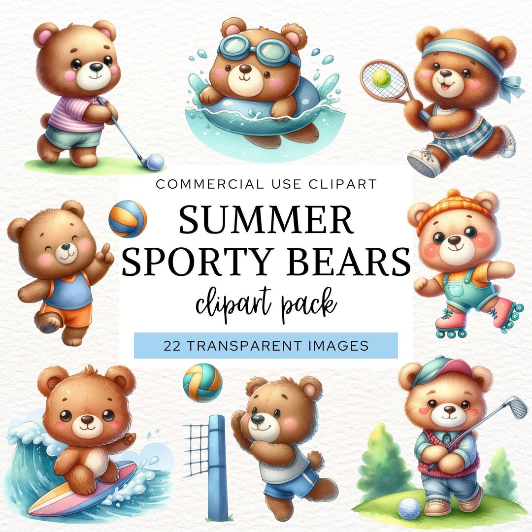 Teddy Bear Summer Sports Clipart, Watercolor Bears Playing Tennis, Golf ...