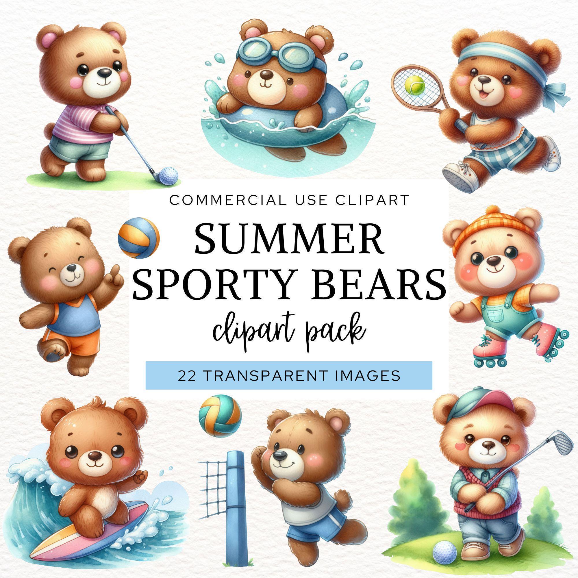 Teddy Bear Summer Sports Clipart, Watercolor Bears Playing Tennis, Golf ...