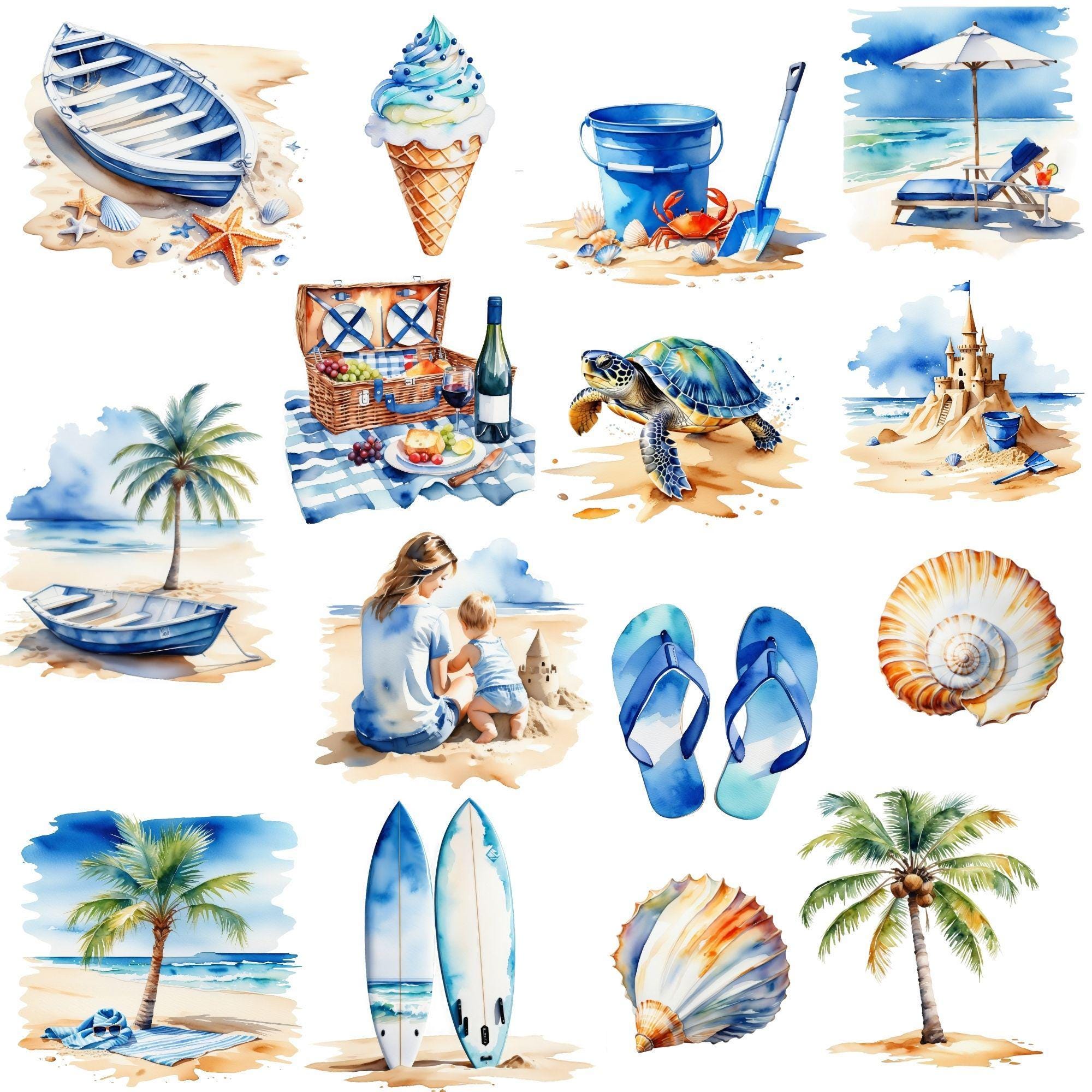 Summer Beach Clipart, Seaside Vacation PNG, Watercolor Nautical ...