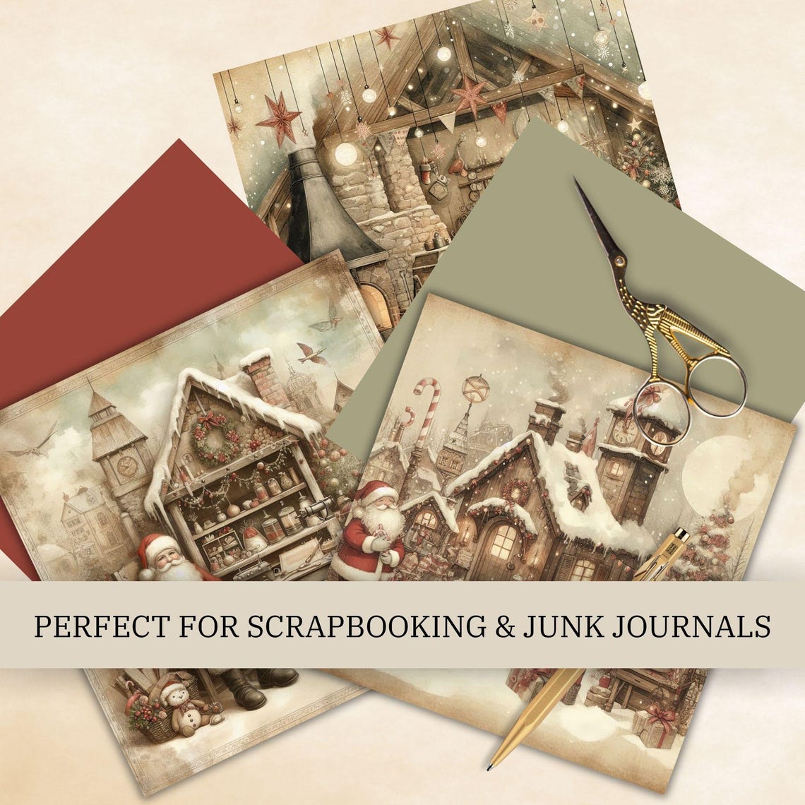 Vintage Christmas Digital Papers, Festive Scrapbook Printable Pages ...