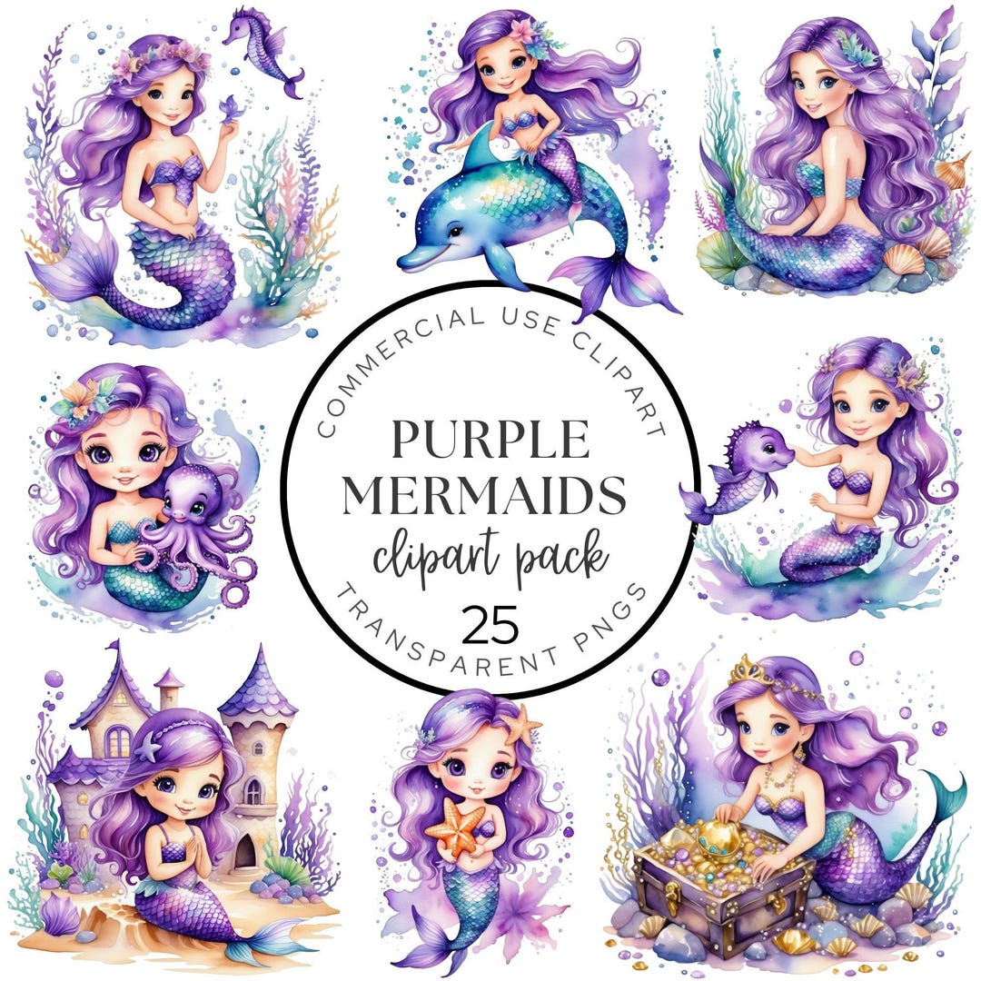 Watercolor Purple Mermaid Clipart, Cute Sea Animals, Under the Sea ...