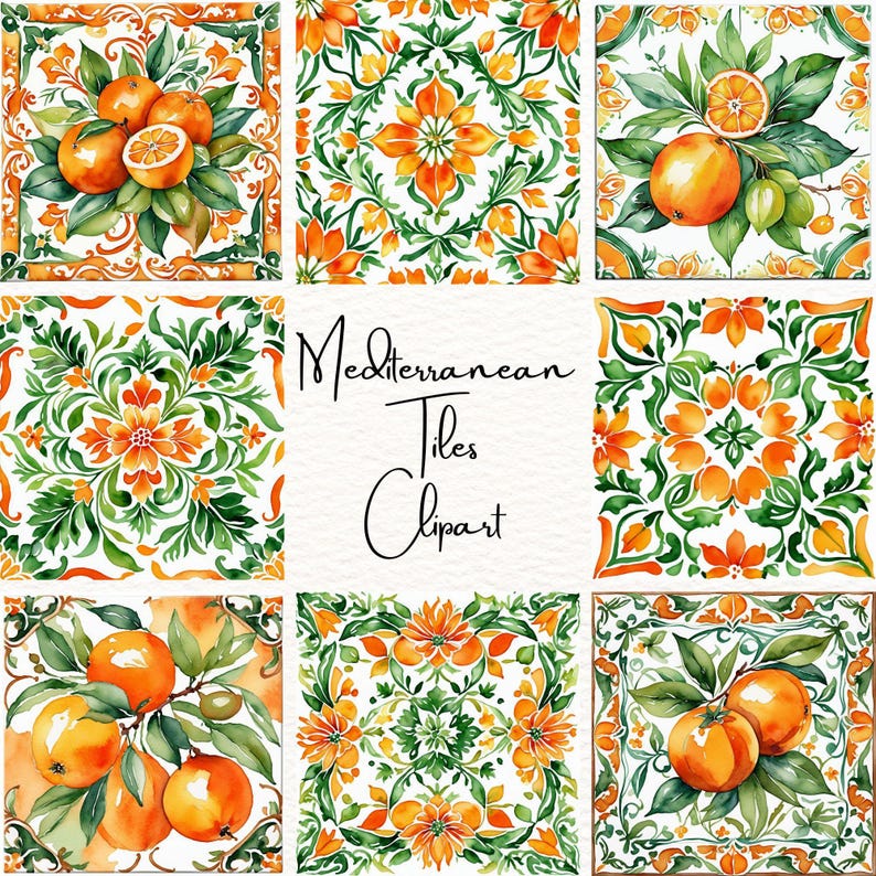 Mediterranean Tiles Clipart, Watercolor Oranges, Portuguese Azulejo ...