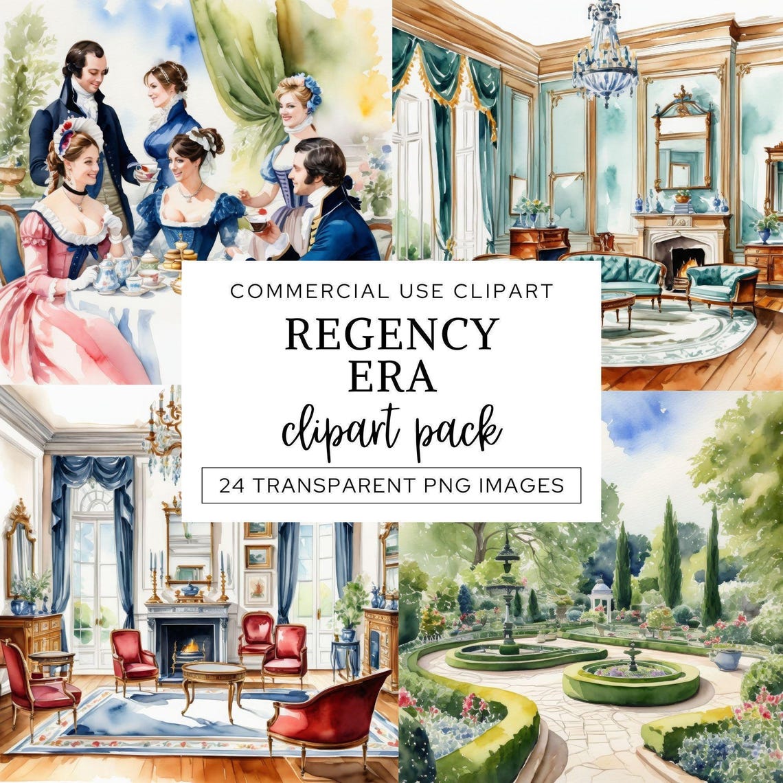 Regency Era Clipart, Watercolor Victorian Scenes, Vintage Romance ...