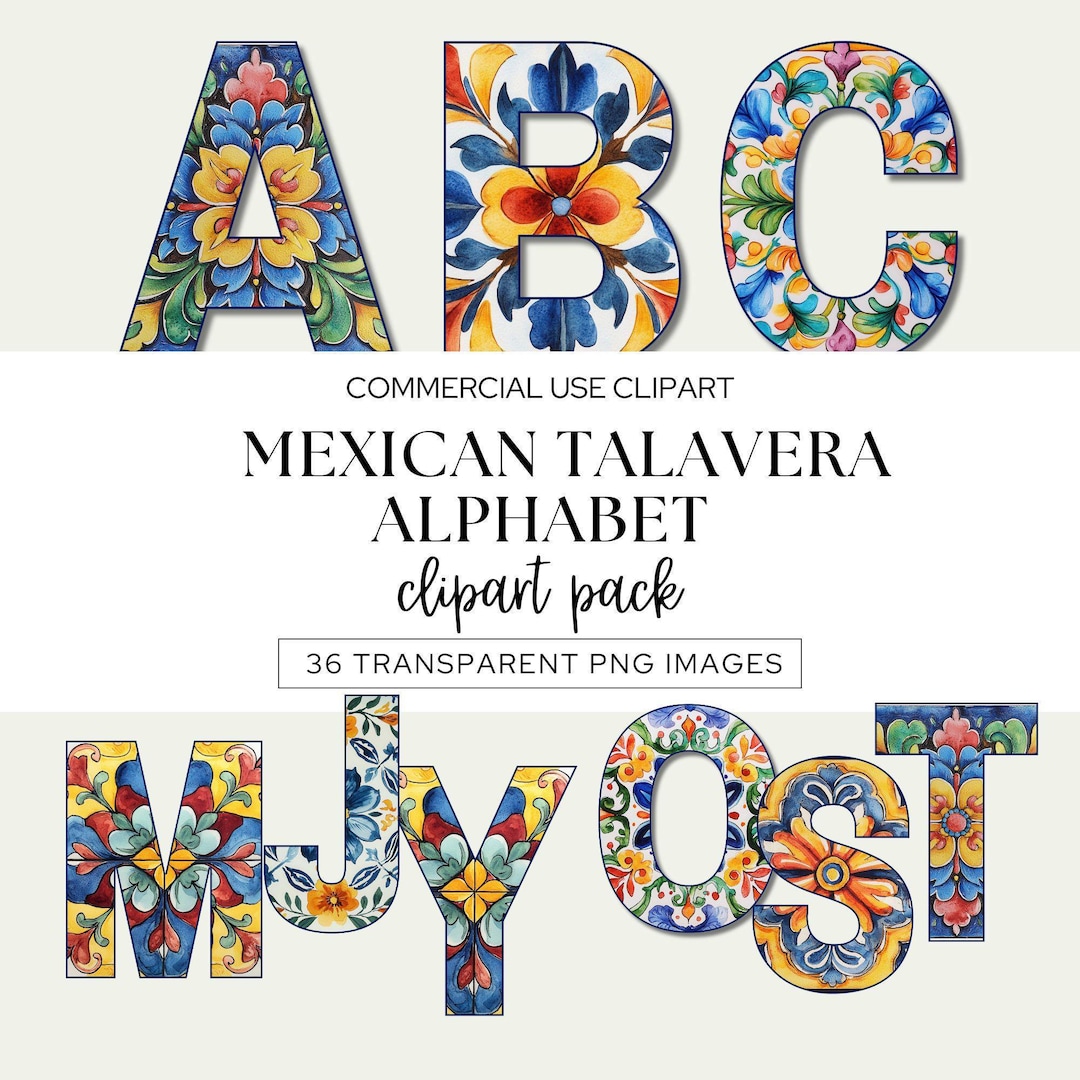 Mexican Talavera Alphabet Clipart, Fiesta Doodle Alphabet, Mexican Font ...