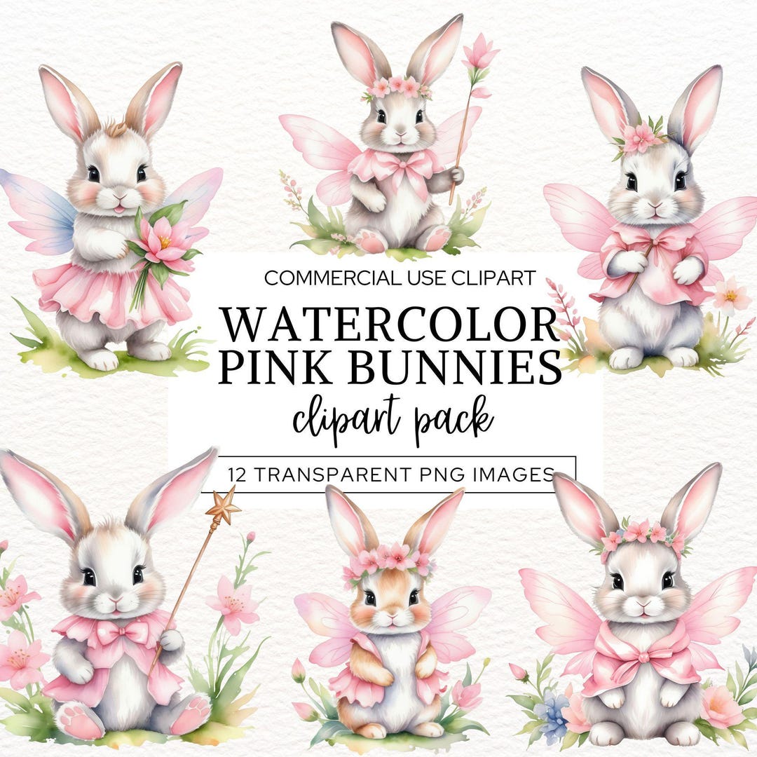 Watercolor Pink Bunny Clipart, Cute Bunnies Clip Art, Baby Girl Rabbit ...