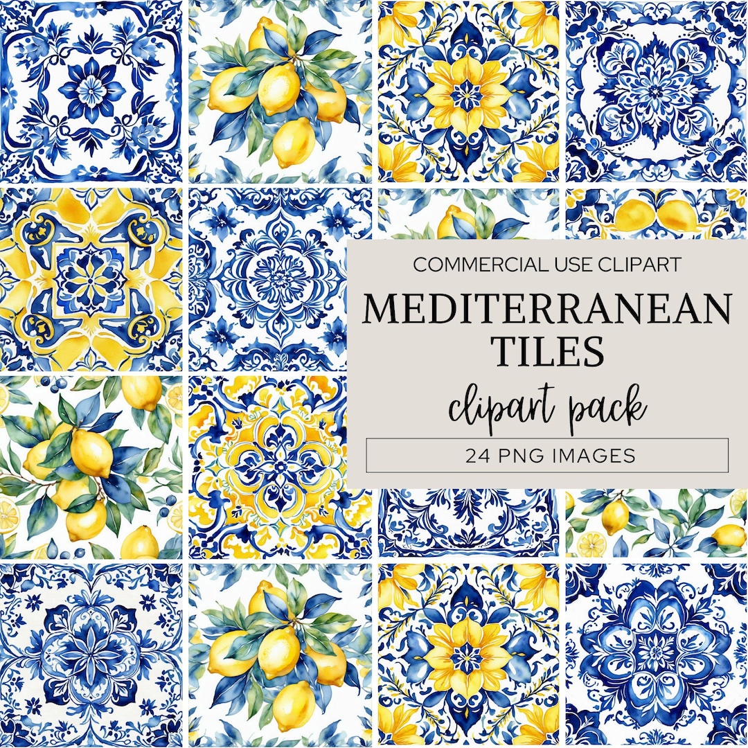 Mediterranean Tiles, Watercolor Lemons Clipart, Portuguese Azulejo ...