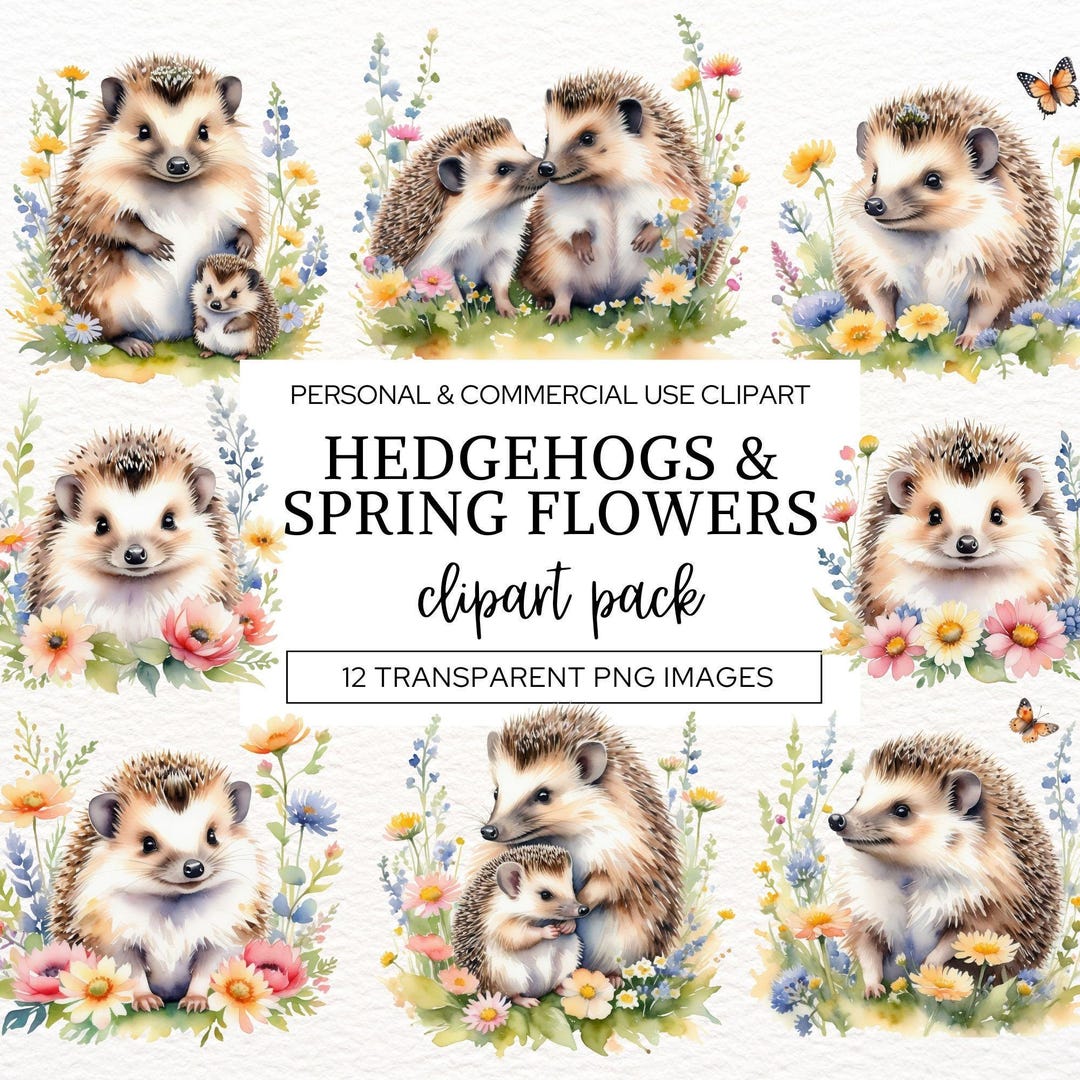 Hedgehogs and Spring Flowers Clipart, Junk Journal PNG, Nursery Decor ...
