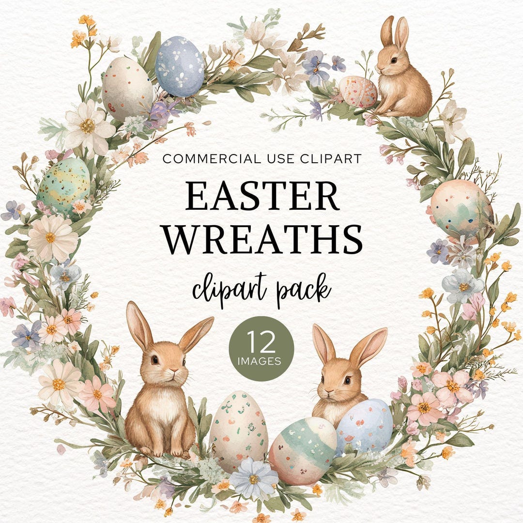 Easter Wreath Clipart, Cute Bunny & Eggs, Watercolor Rabbits and Spring ...