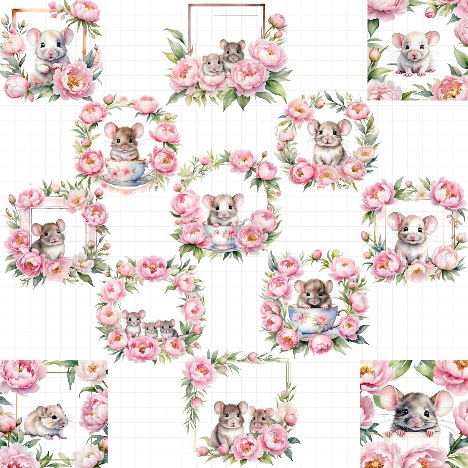 Watercolor Peony Mouse Clipart, Nursery Decor, Cute Mouse, Kids Room ...