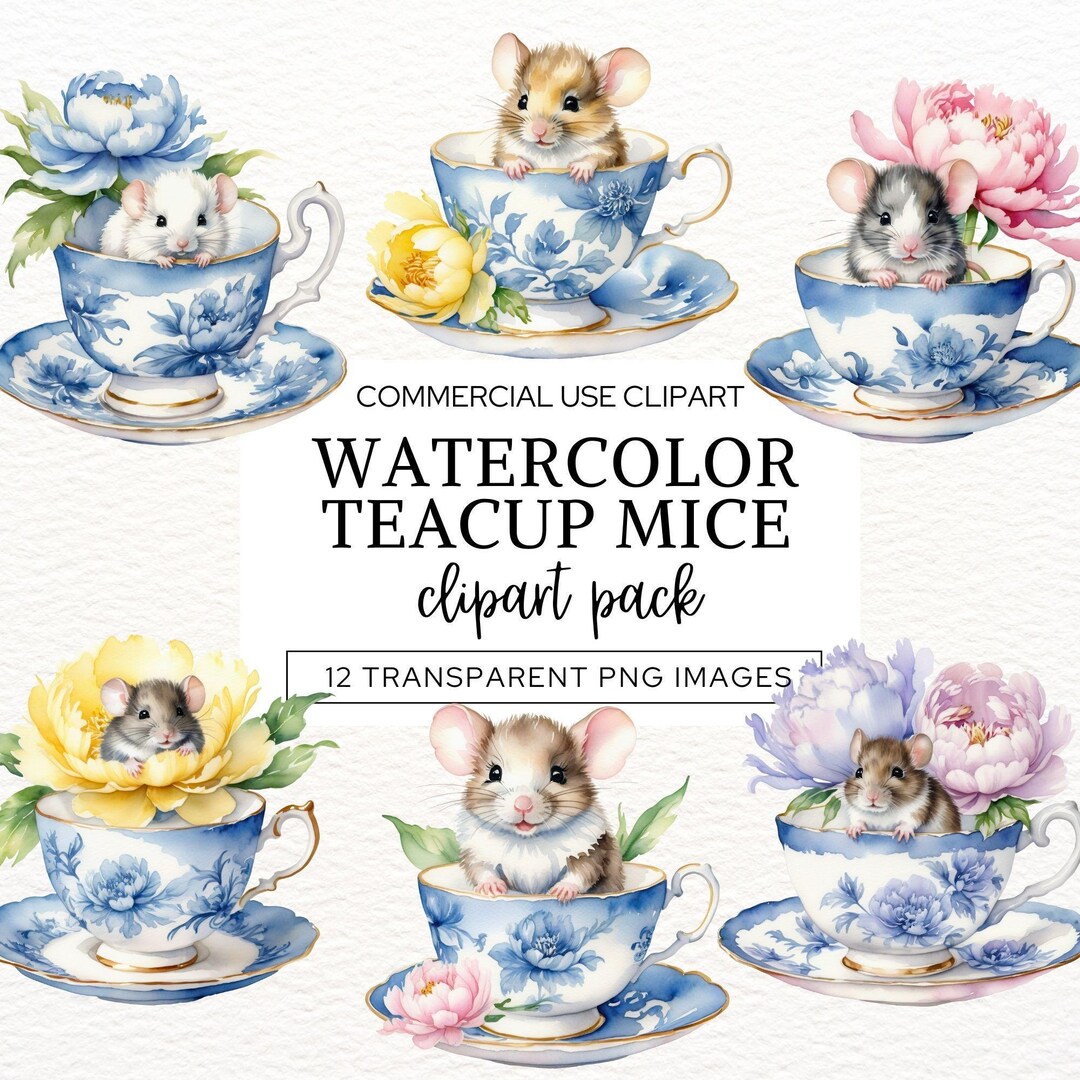 Mouse in a Teacup Clipart Digital Download PNG, Watercolor Teacup Mice ...