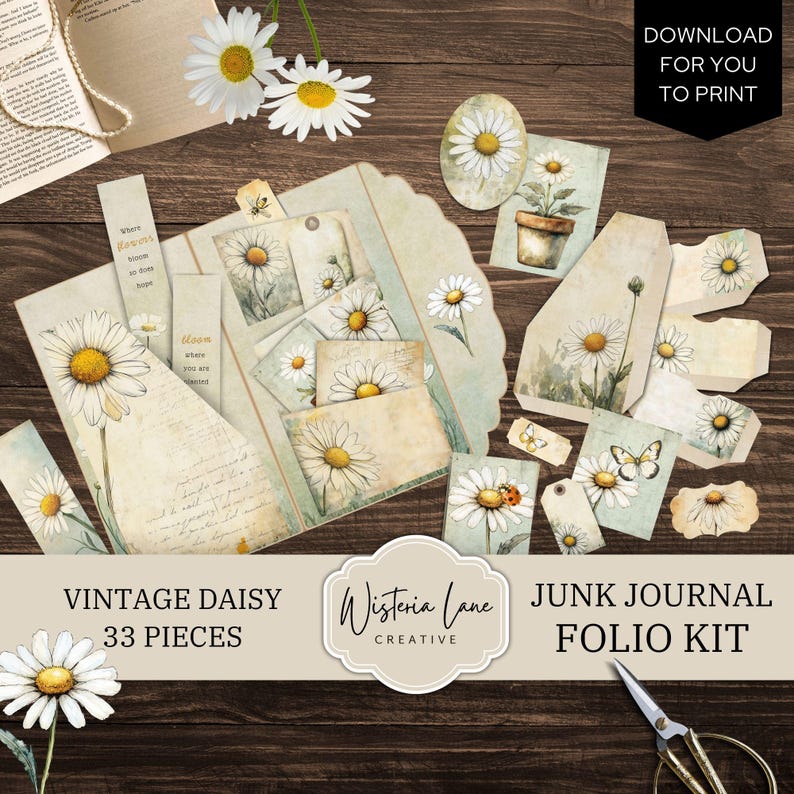 Vintage Daisy Folding Folio, Digital Junk Journal Kit, Printable Floral Ephemera, Spring Pockets ...