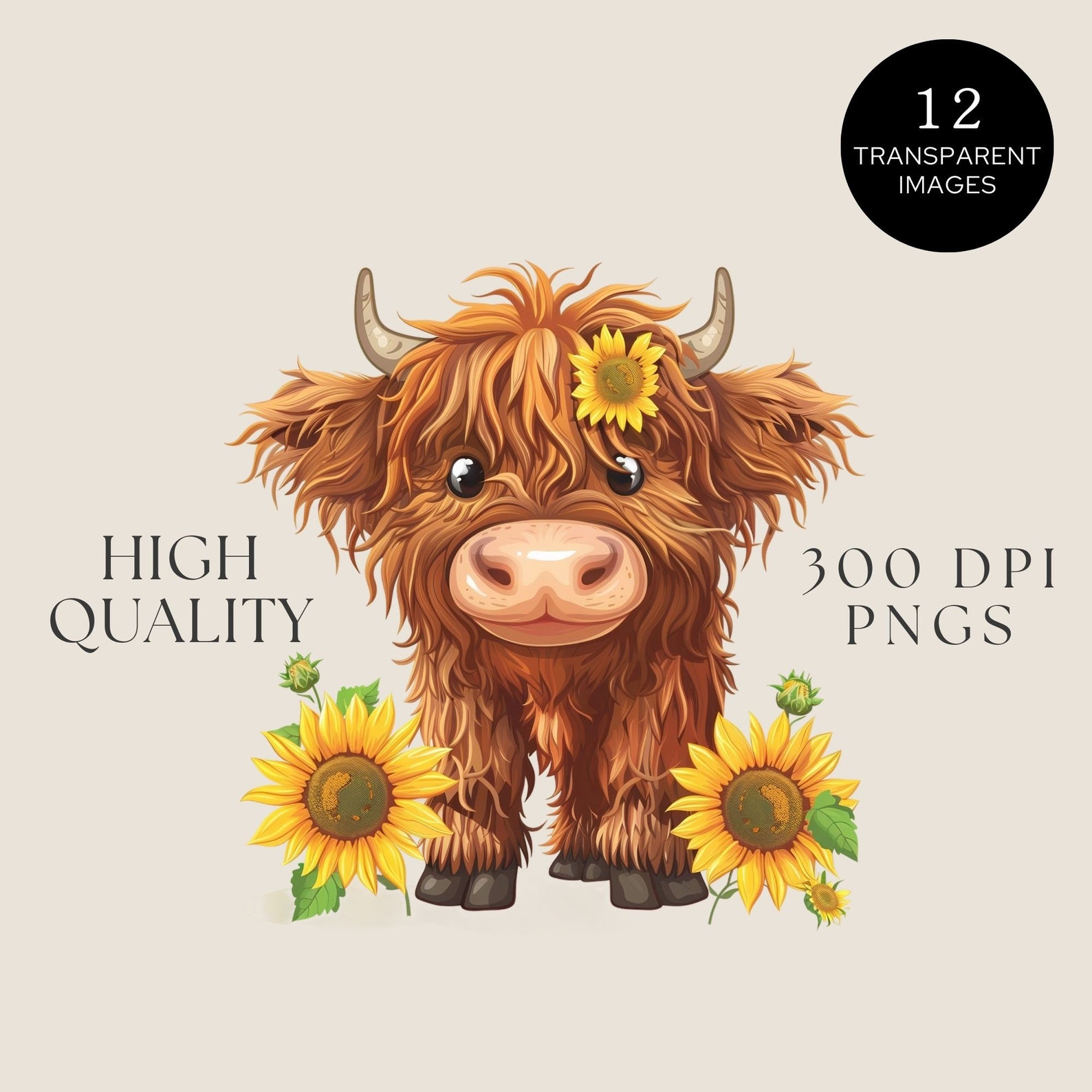 Quirky Highland Cows Watercolor Clipart With Sunflowers, Cute Cows ...