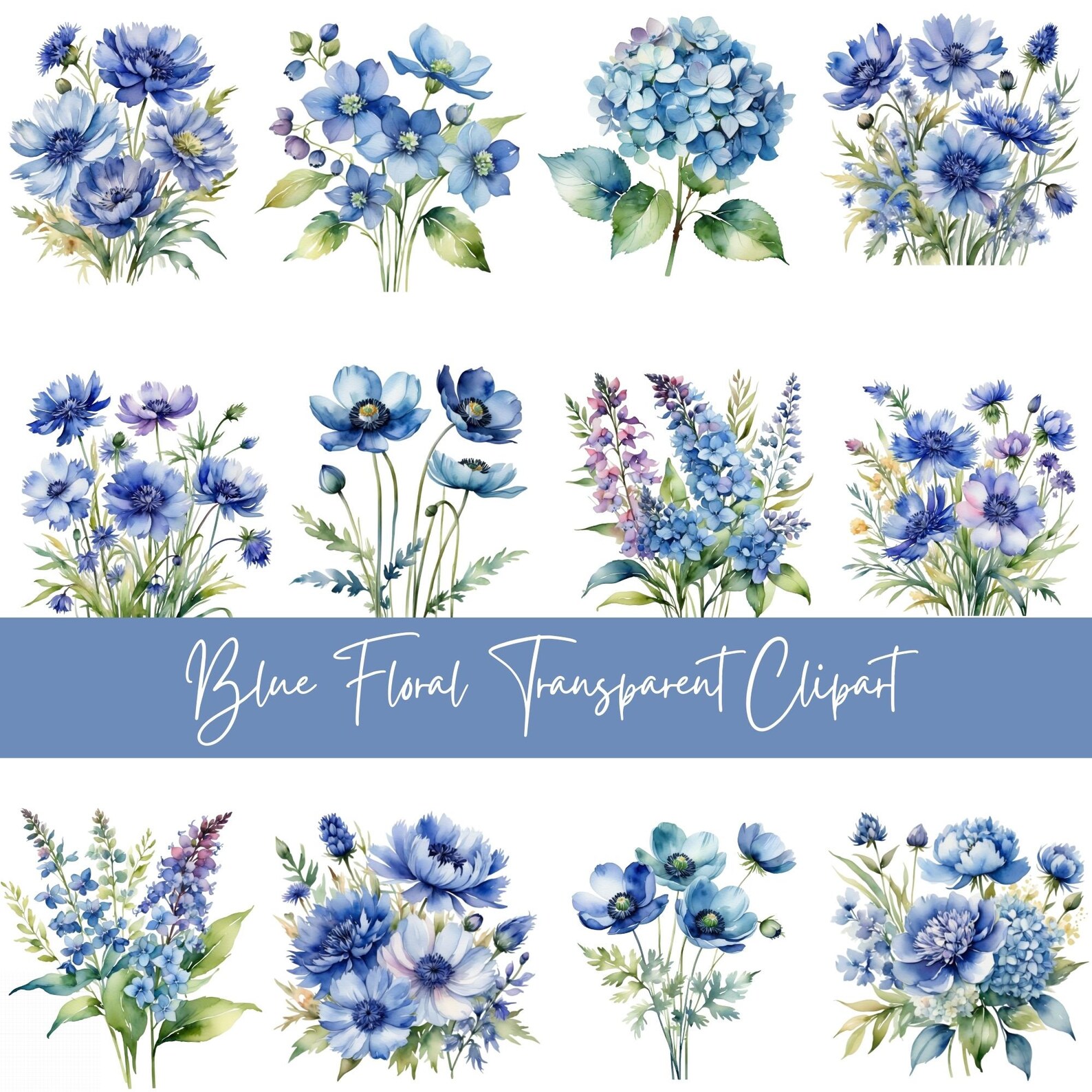 Indigo Blue Flower PNG, Watercolor Blue Flower Clipart Bundle ...