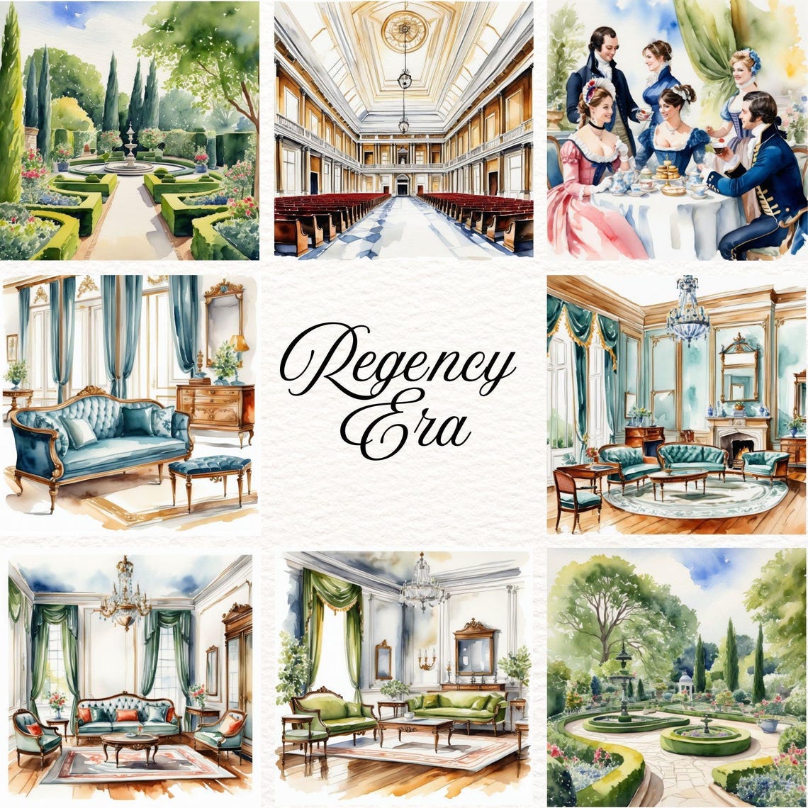 Regency Era Clipart, Watercolor Victorian Scenes, Vintage Romance ...