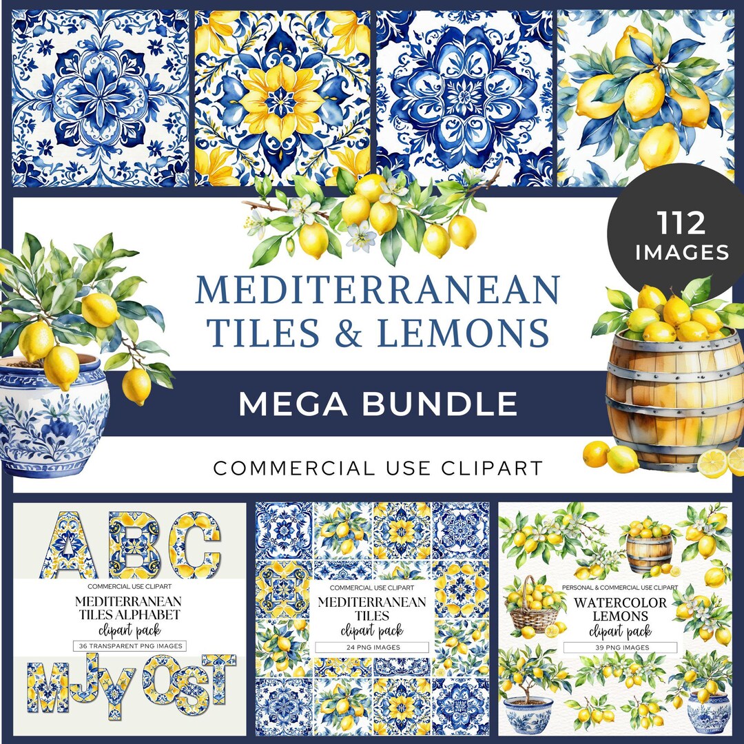 Mediterranean Tiles Clipart Mega Bundle, Watercolor Lemons, Portuguese ...