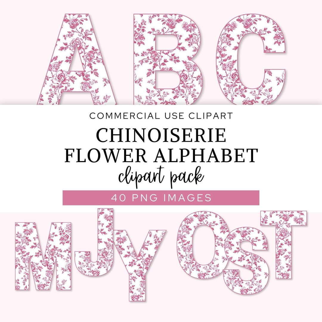 Clipart Alphabet Chinoiserie Flower, Vintage Pink Toile Monogram PNG ...