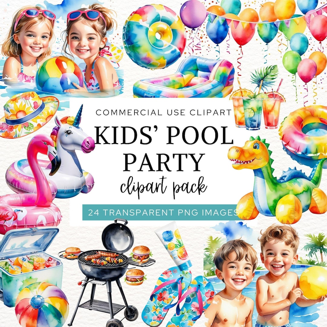 Pool Party Clipart, Kids Summer Fun Clip Art, Watercolor Digital ...