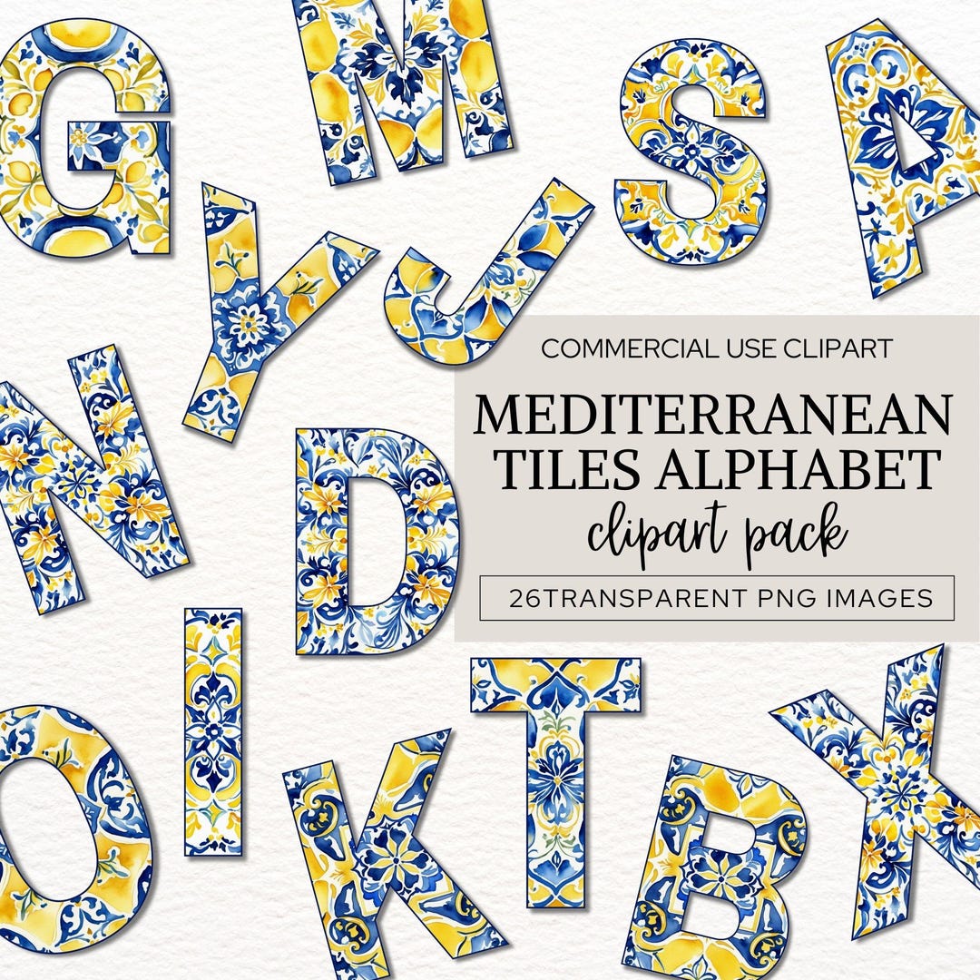 Mediterranean Tiles Alphabet Clipart, Watercolor Blue and Yellow ...