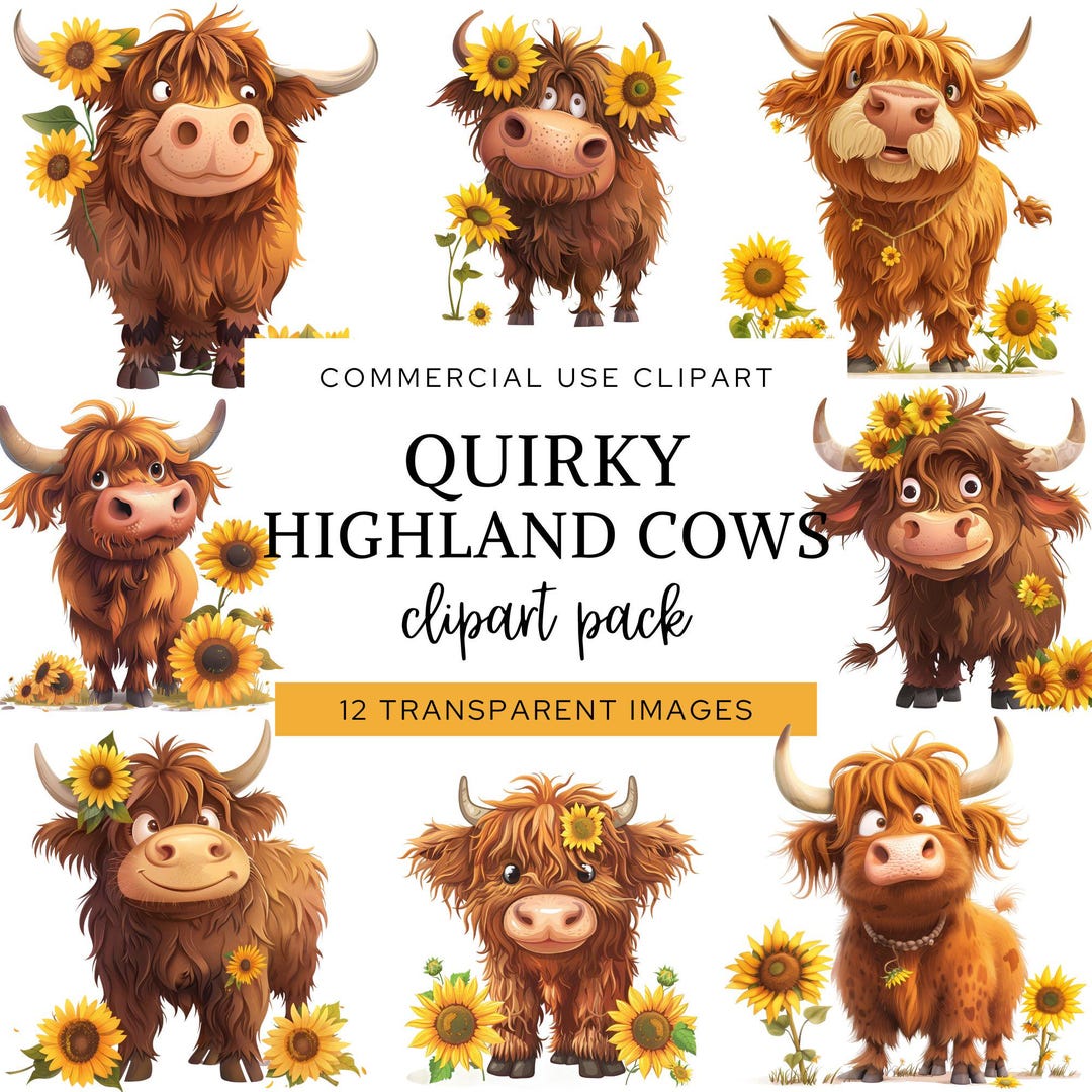 Quirky Highland Cows Clipart, Watercolor Cows and Sunflowers, Cute ...