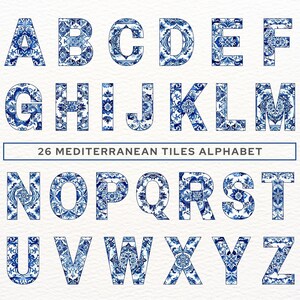 Mediterranean Tiles Alphabet Clipart, Watercolor Blue and White Letters ...