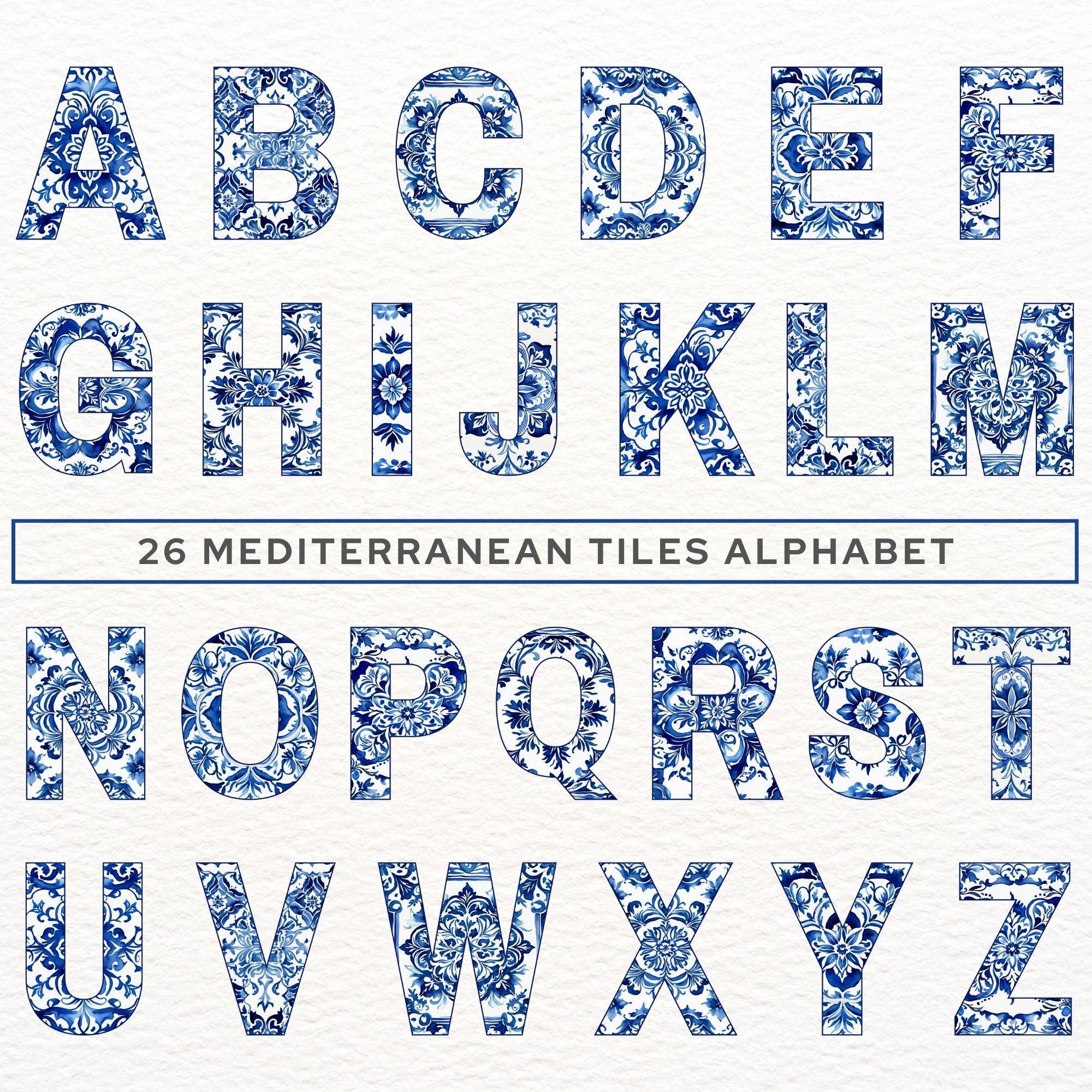 Mediterranean Tiles Alphabet Clipart, Watercolor Blue and White Letters ...