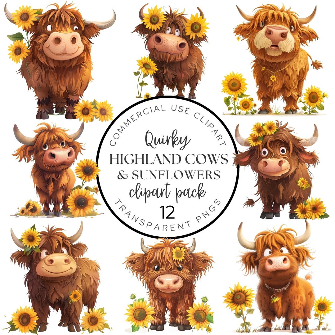 Quirky Highland Cows Watercolor Clipart With Sunflowers, Cute Cows ...