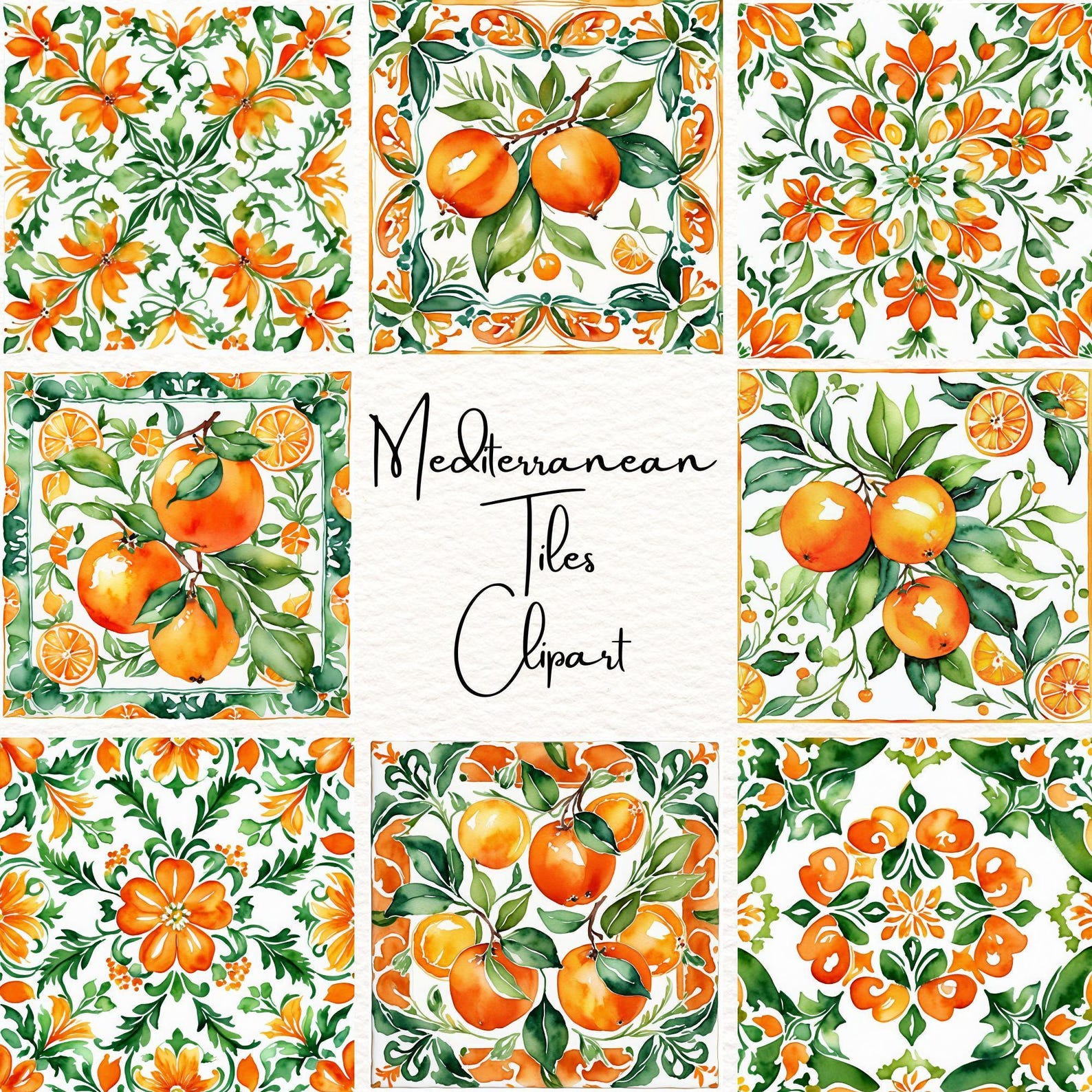 Mediterranean Tiles Clipart, Watercolor Oranges, Portuguese Azulejo ...