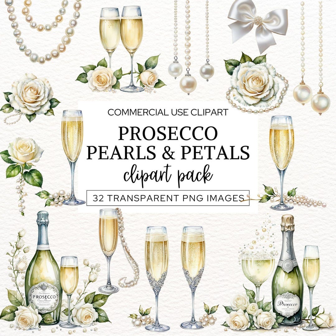 Prosecco and Pearls Clipart Bundle, Bridal Shower Prosecco and Petals ...