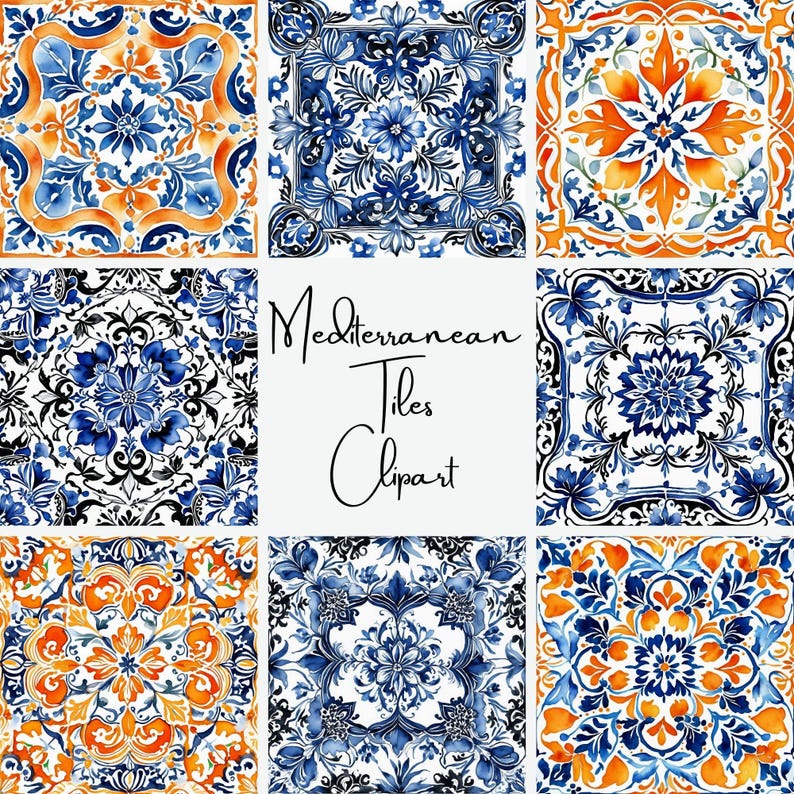 Mediterranean Tiles Clipart, Watercolor Moroccan Blue & Orange ...