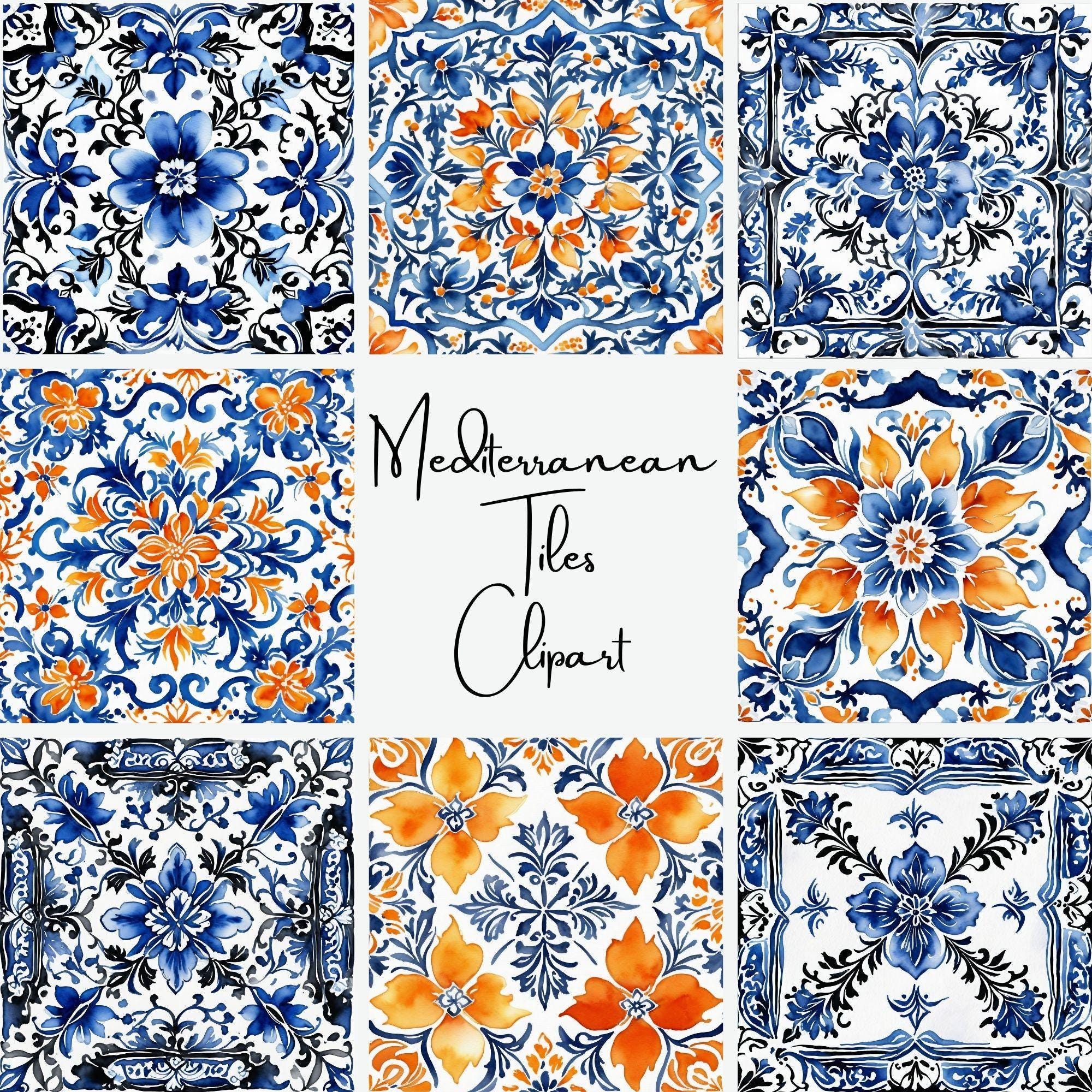 Mediterranean Tiles Clipart, Watercolor Moroccan Blue & Orange ...