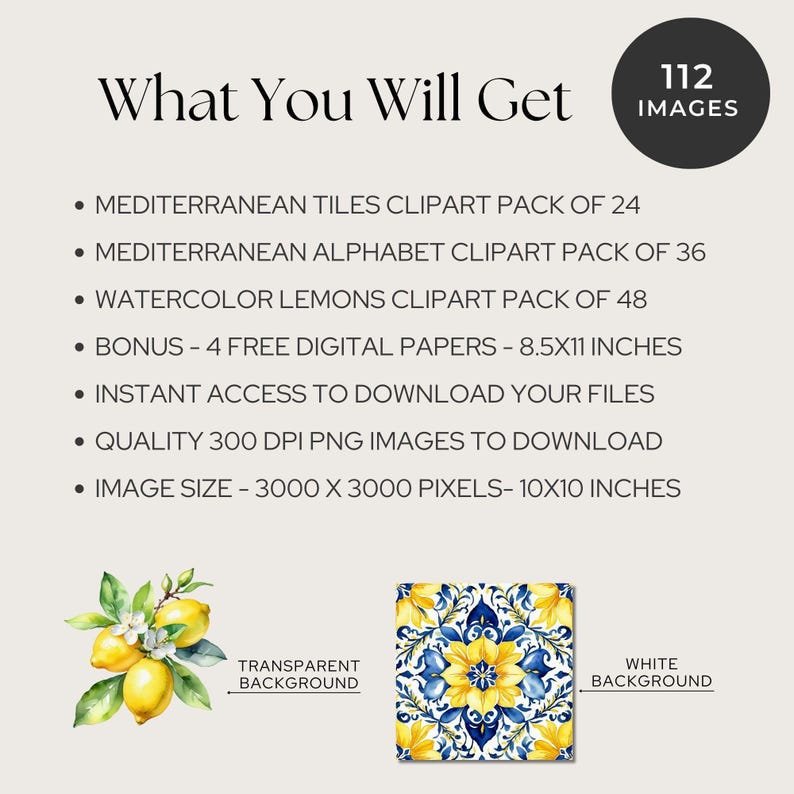 Mediterranean Tiles Clipart Mega Bundle, Watercolor Lemons, Portuguese ...