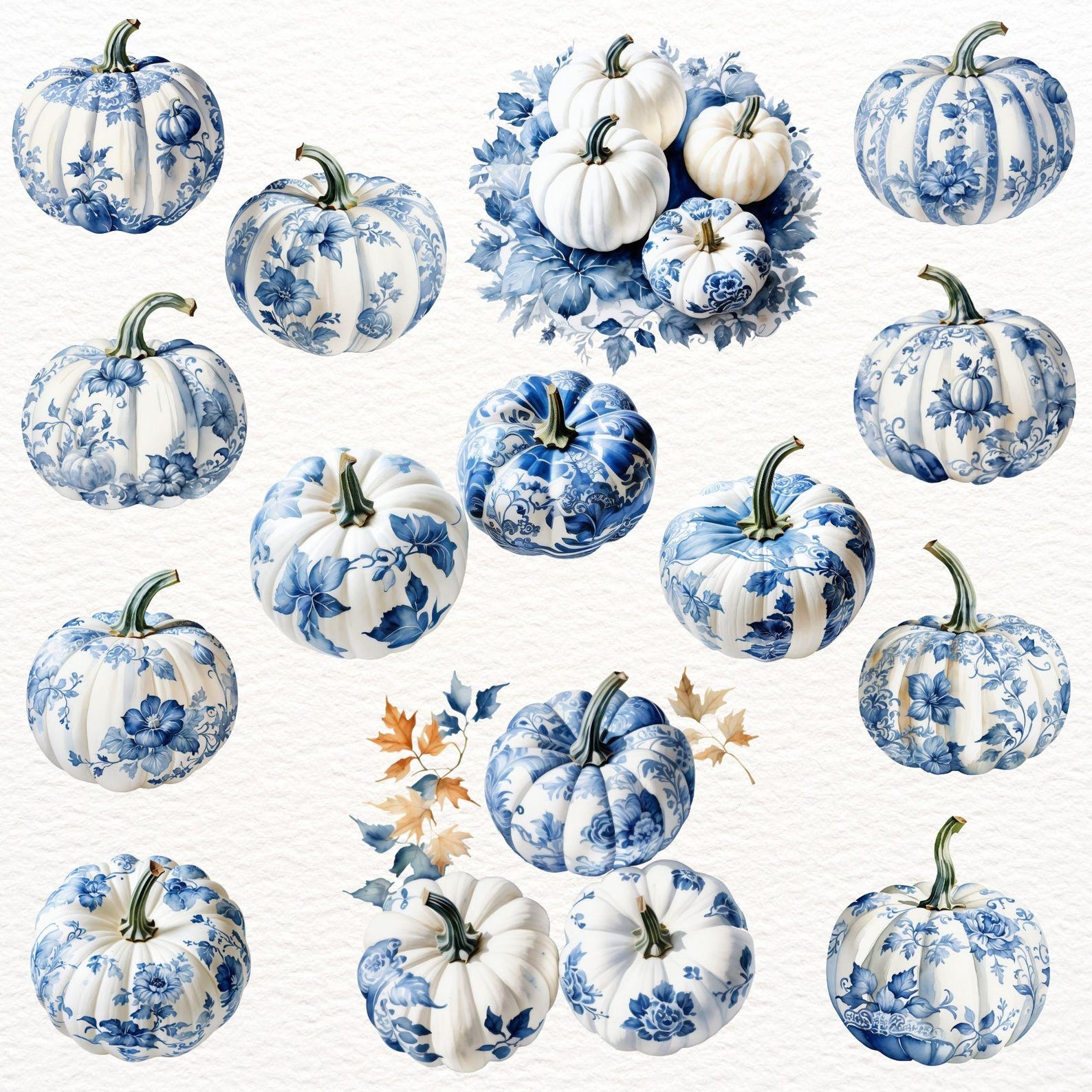 Vintage Toile Pumpkins Clipart, Blue & White Toile De Jouy Designs ...