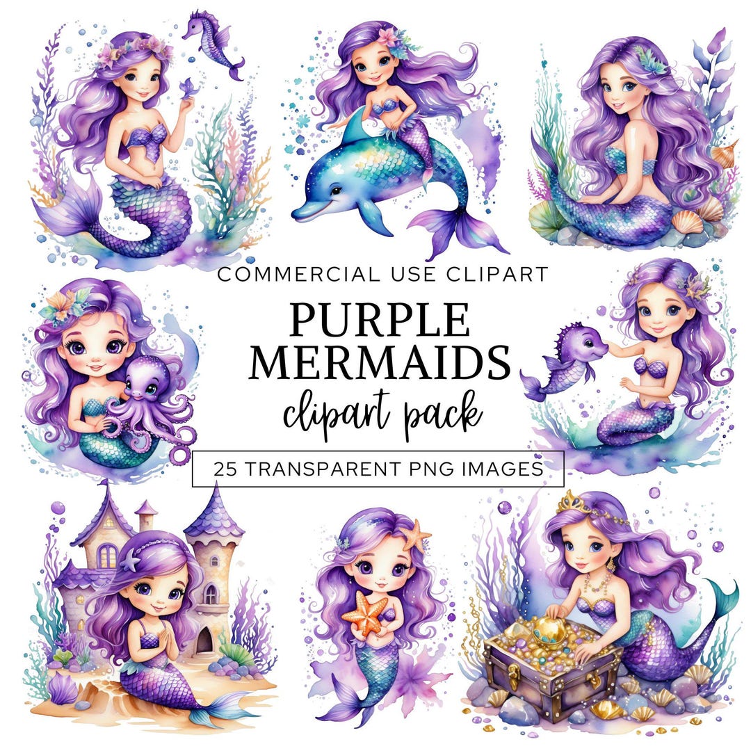 Watercolor Purple Mermaid Clipart, Cute Sea Animals, Under the Sea ...