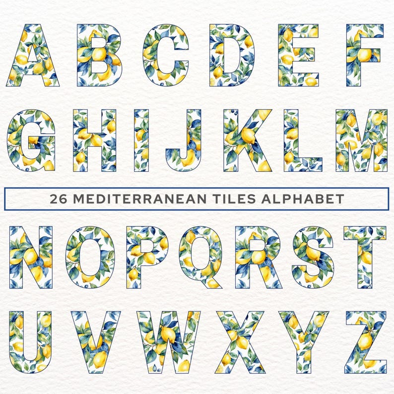 Mediterranean Lemons Alphabet Clipart, Watercolor Blue and Yellow ...