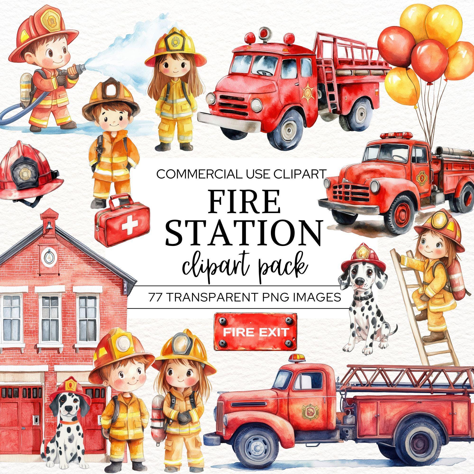 Cute Fire Fighters Clipart Bundle, Watercolor Fire Truck Clip Art, Fire ...