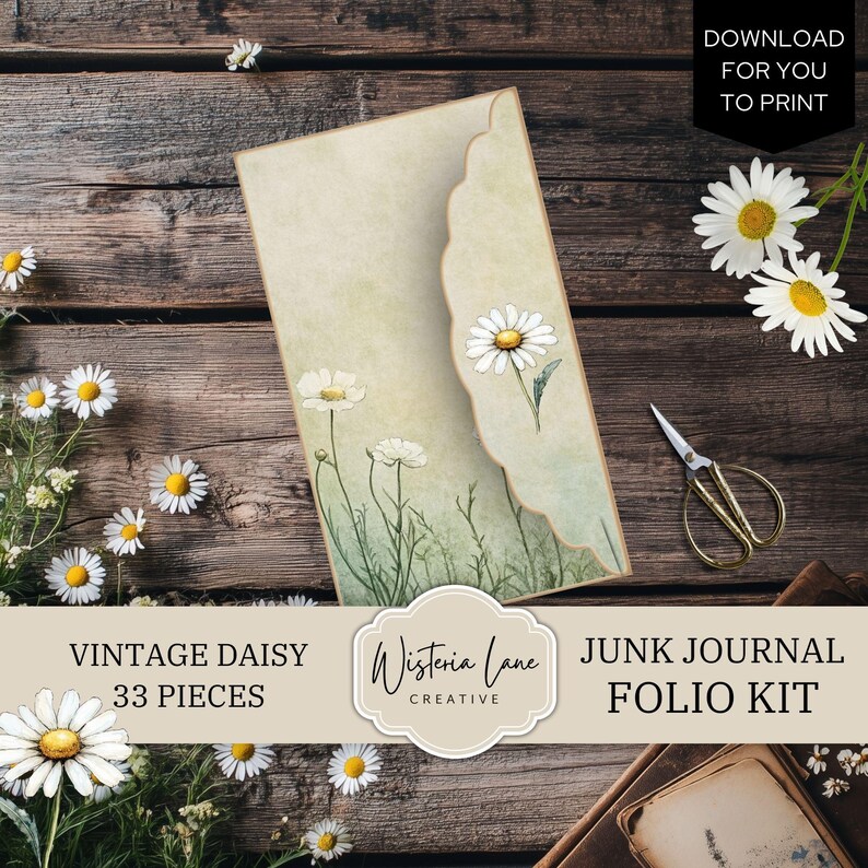 Vintage Daisy Folding Folio, Digital Junk Journal Kit, Printable Floral Ephemera, Spring Pockets ...