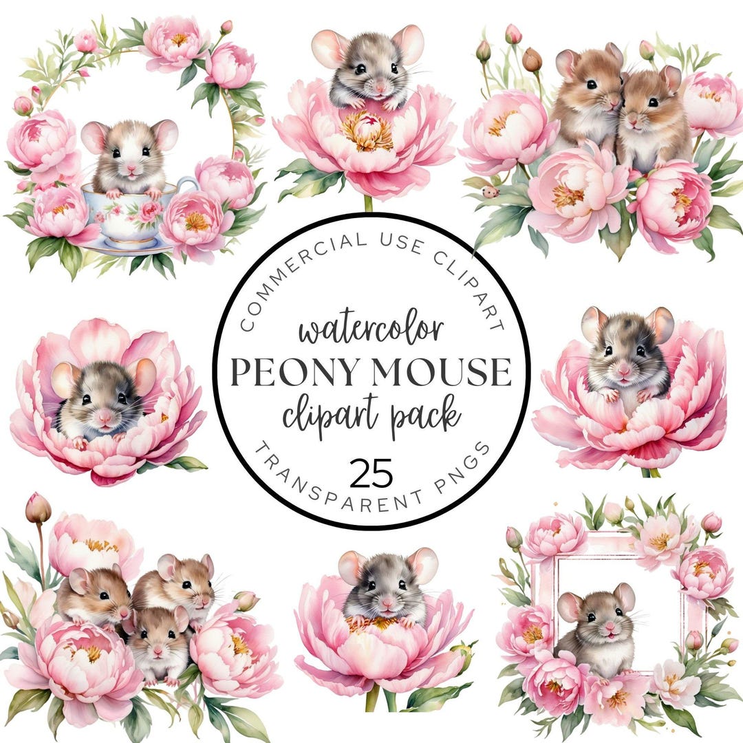 Watercolor Peony Mouse Clipart, Nursery Decor, Cute Mouse, Kids Room ...