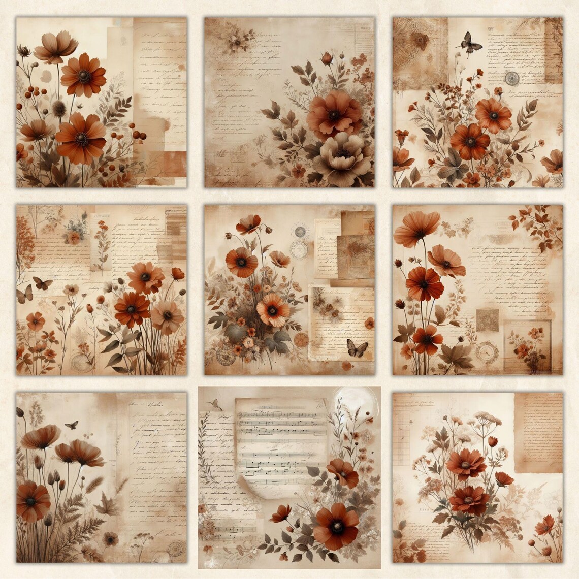 Burnt Orange Floral Digital Papers, Vintage Terracotta Flower Digital ...