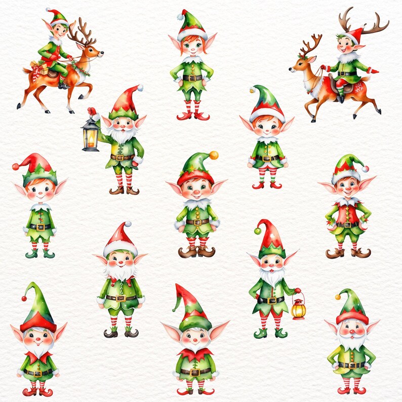 Christmas Elves Clipart Bundle, Cute Elf PNG, Watercolor Festive Graphics, Winter Holiday ...