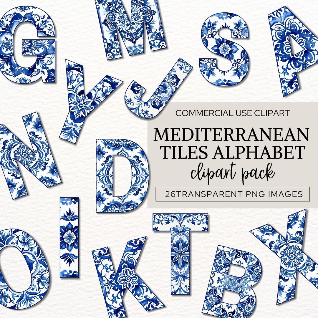 Mediterranean Tiles Alphabet Clipart, Watercolor Blue and White Letters ...